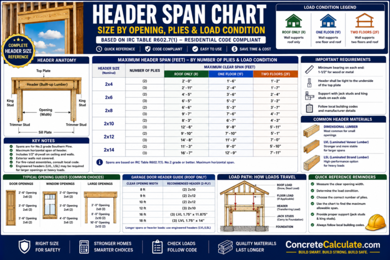 Header Span Chart 2026 - Size by Opening, Plies and Load